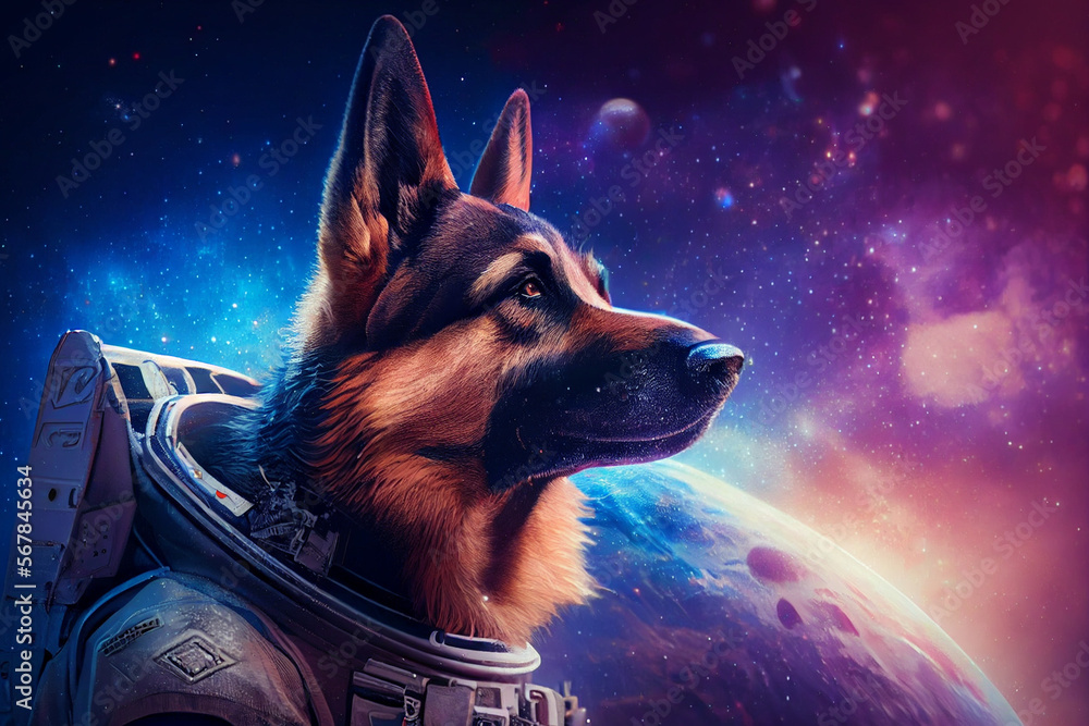 Dog in space suit in cosmic galaxy, fantasy astronaut in universe ...