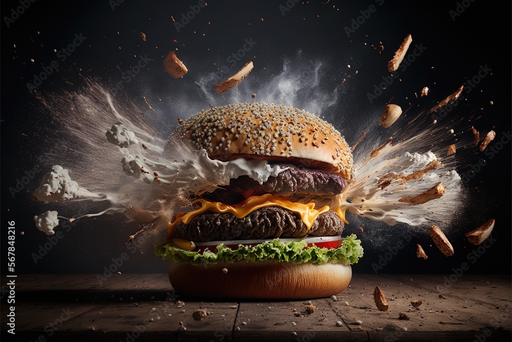 a large hamburger with a lot of smoke coming out of it's center and a ...