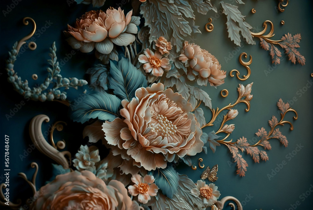 A wallpaper of a rococo blooms flowers dreamy intricate details pastel ...