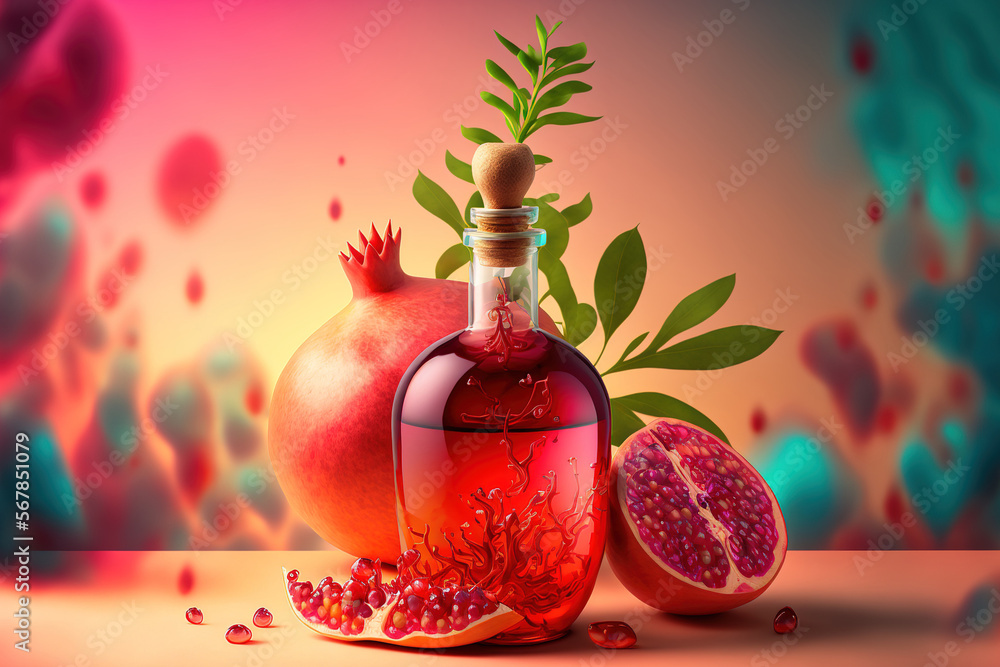 Pomegranate extract in red water with a colorful background for a ...