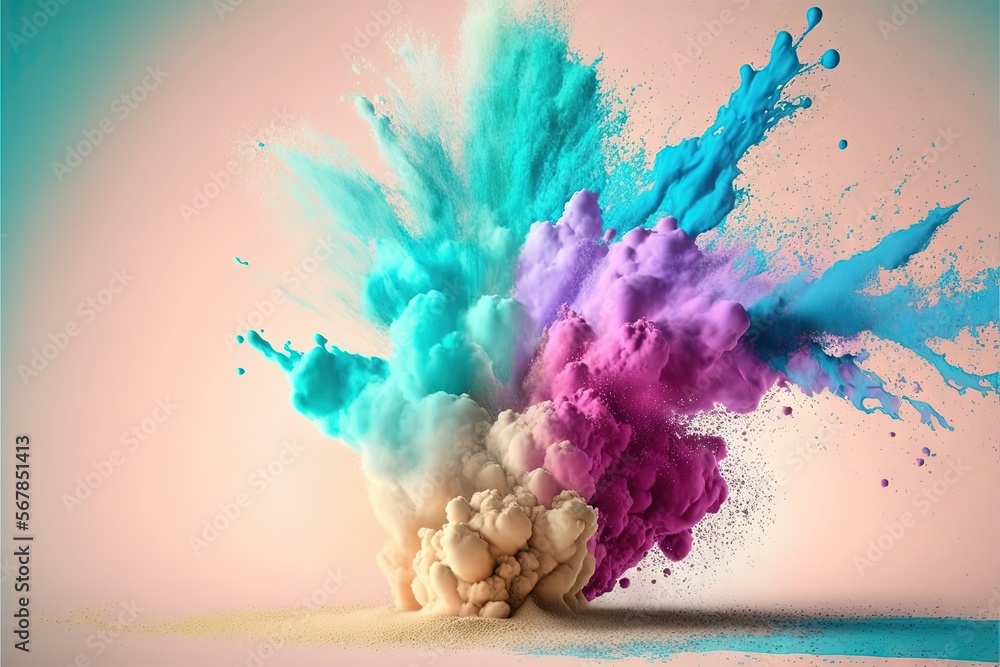 a group of colored powder exploding into the air on a pink and blue ...