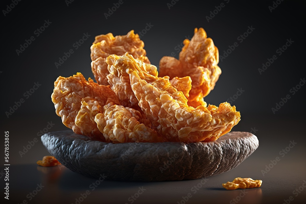 a pile of cheetos sitting on top of a stone bowl on top of a table next ...