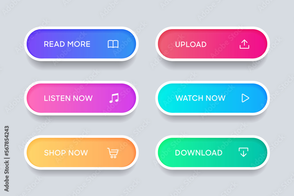 3d click here web buttons. Set of action button, hand cursor and arrow pointing click link ...