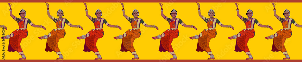 Seamless border with the image of dancing Indian girls. Rhythmic ...