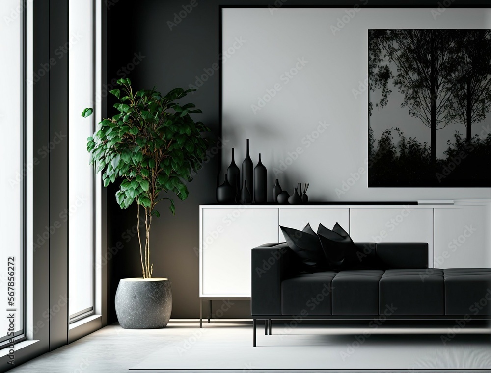 Front view on dark living room interior with empty white poster ...