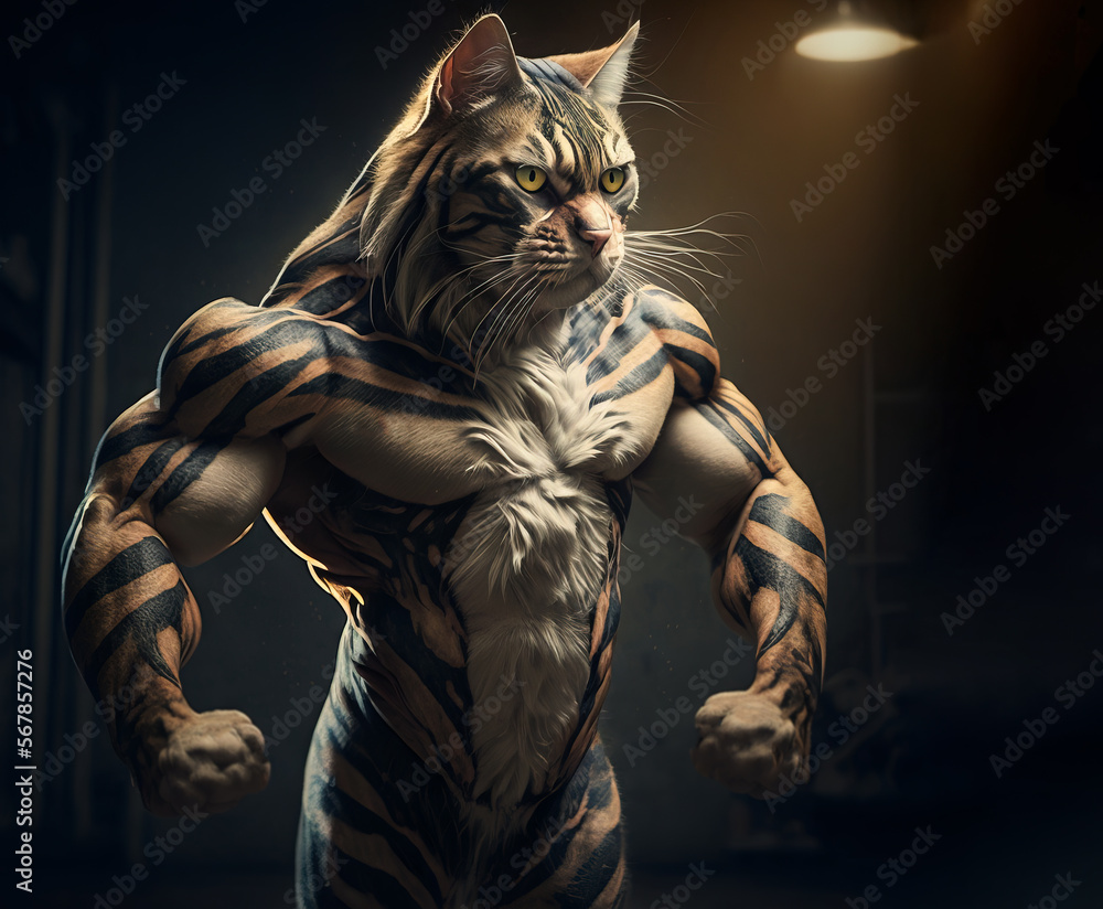 A house cat all juiced up with muscles and tiger stripes holding his ...