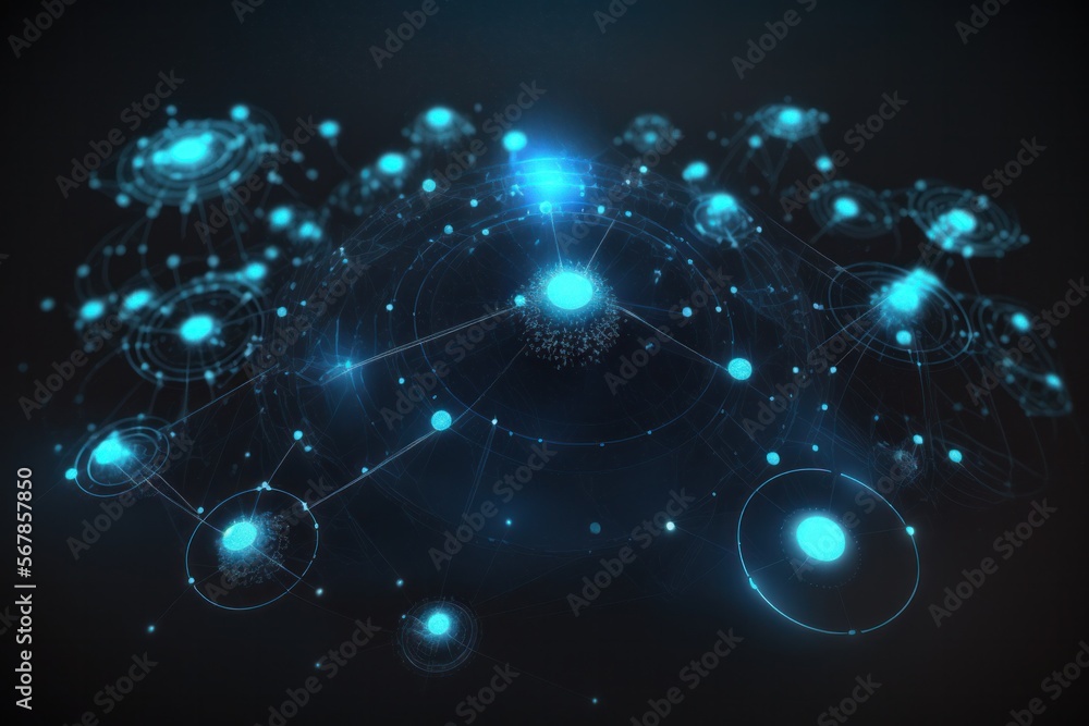 An abstract illustration of the cosmos, glowing blue energy balls ...