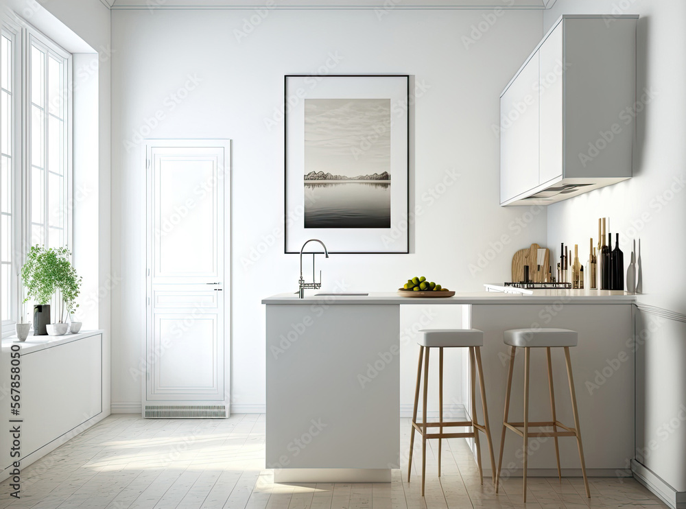 White kitchen with a bar and light colored furniture, seen from the ...