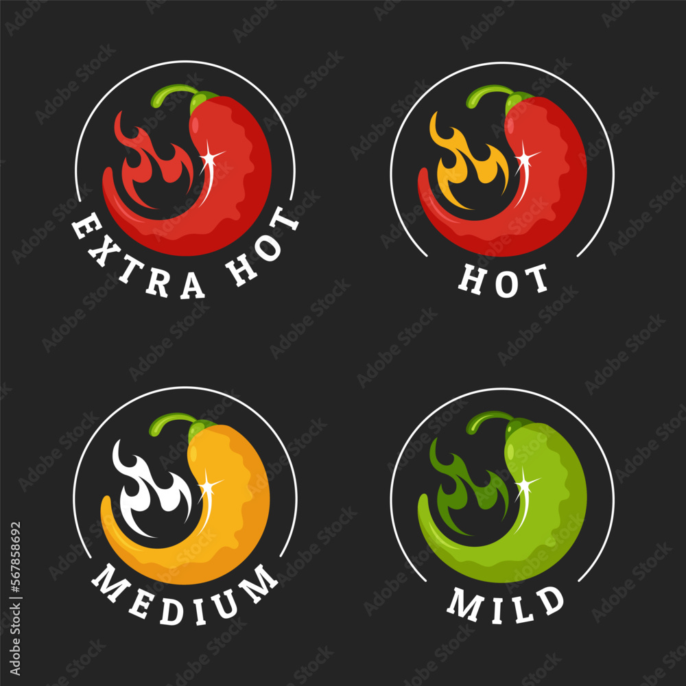 Spice level marks - extra, hot, medium, mild. Emblem of spicy hot red ...