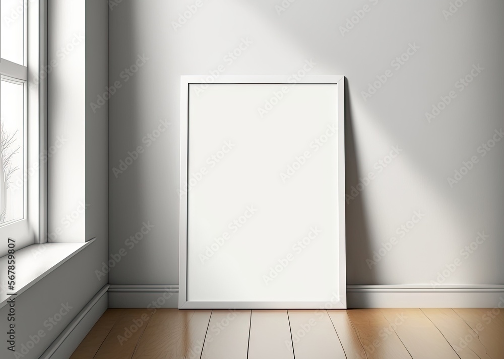 Interior white frame poster mockup with vertical blank sheet and white ...