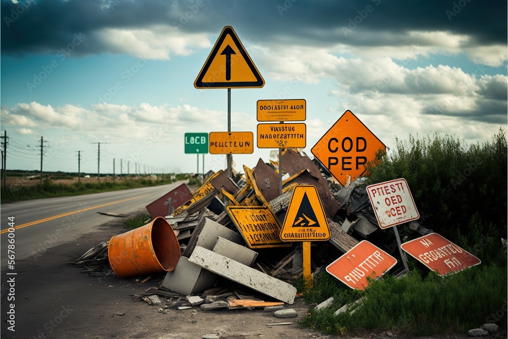 Bunch of forbidding road signs in trash, concept of No Entry and Danger ...