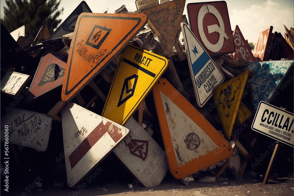 Bunch of forbidding road signs in trash, concept of No Entry and Danger ...