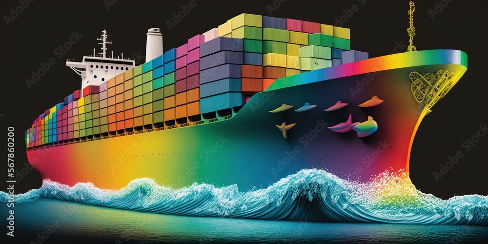 Container ship in rainbow colours, concept of Vibrant and Maritime ...