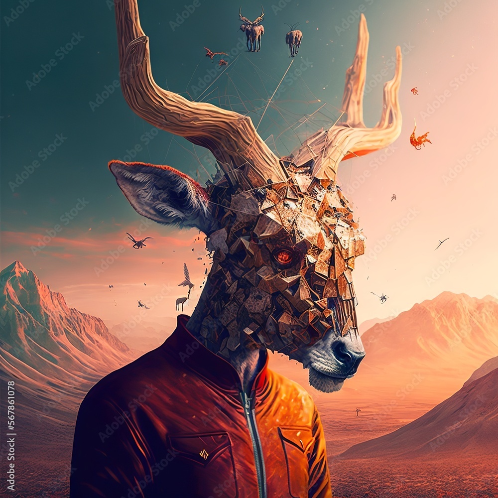 fantasy goat robot with large multi-pronged horns orange dress red ...