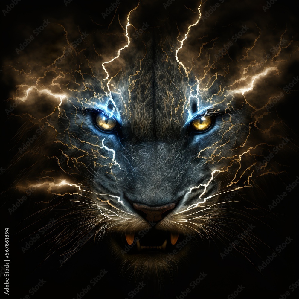 in dark just a lightning angy wildanimal eyes, scary leopard lion big ...