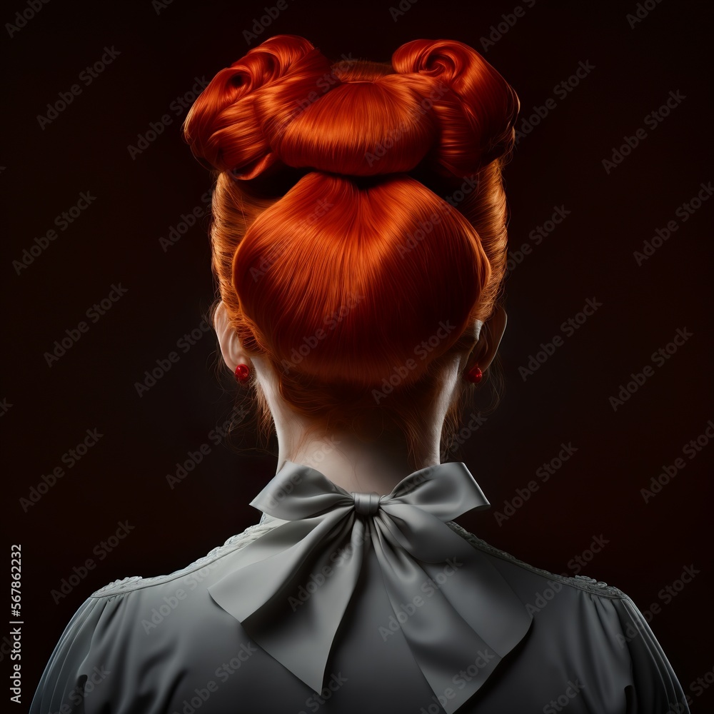 professional red hair bun model back view with black background and bow ...
