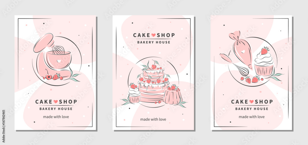 Cake shop logo. Set of design sample for pastry and bread shop, cooking ...