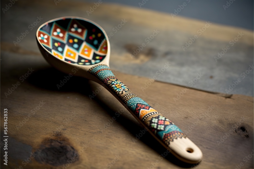 Wooden spoon with geometric patterns inspired by the folk art of the ...