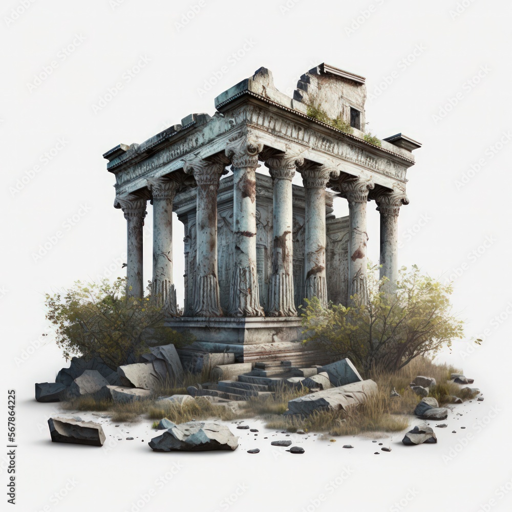 Historical stone ruins of an ancient temple with columns isolated on a ...
