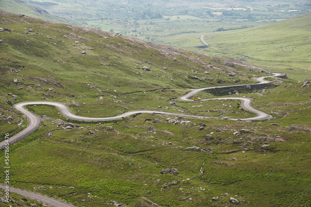 BEARA PENINSULA, IRELAND - June 2022: Panoramic view of the Healy Pass ...