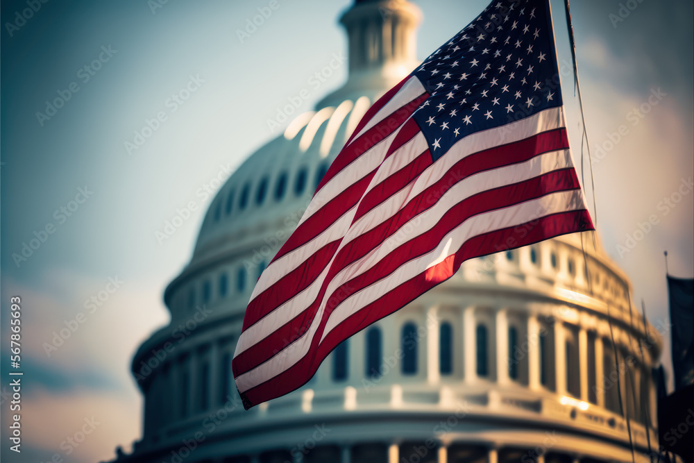 American flag flying for US President's Day celebration with Capitol ...