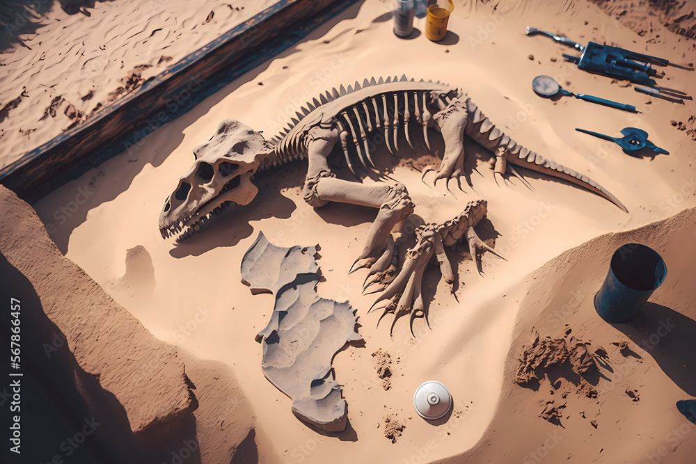 Paleontologist cleaning skeleton dinosaur tyrannosaurus, top view ...