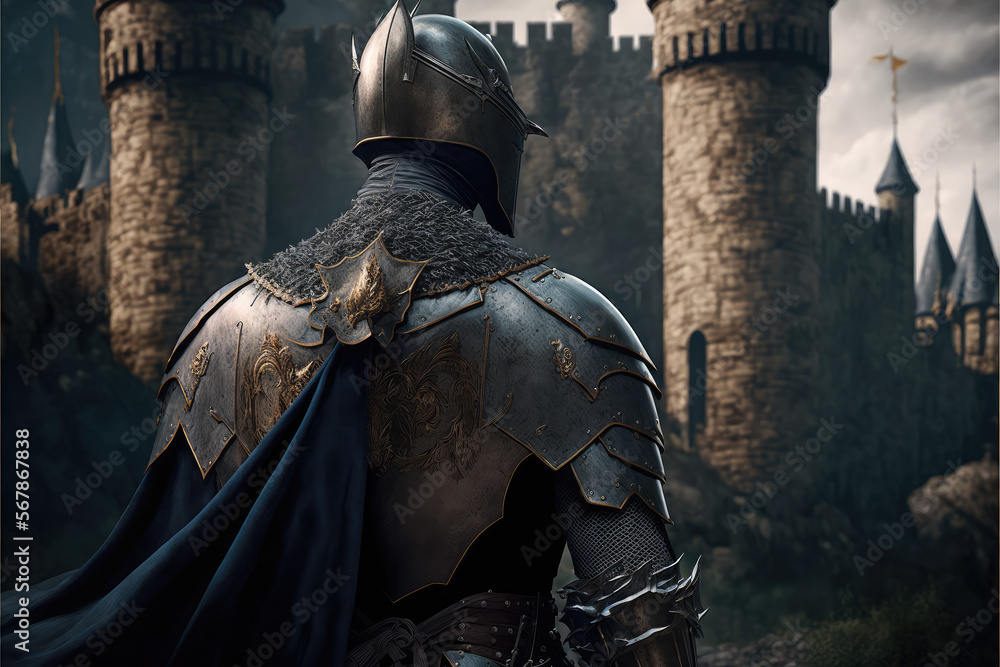 armored medieval knight in front of a beautiful castle, medieval ...