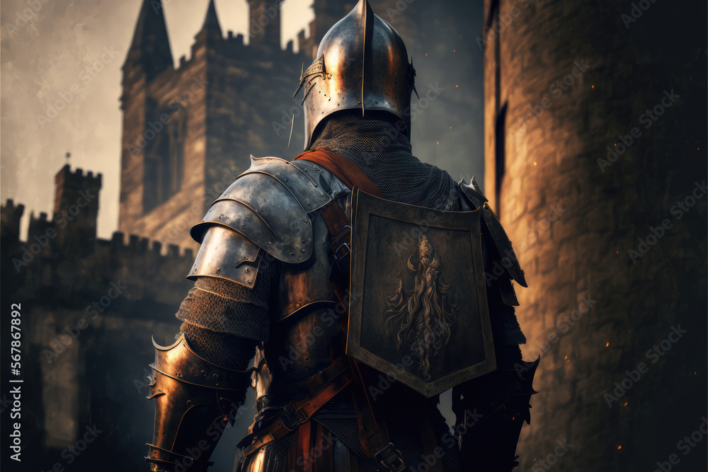 armored medieval knight in front of a beautiful castle, medieval ...