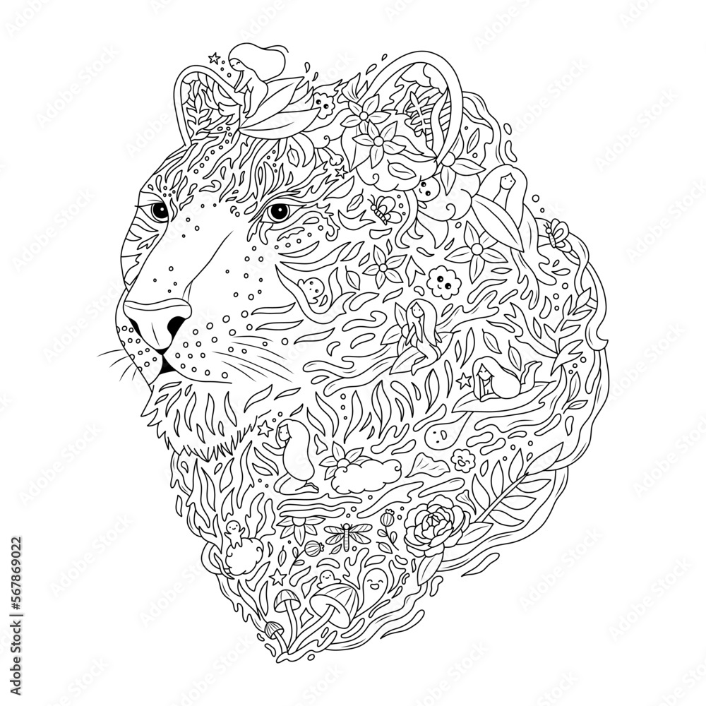 Coloring page with abstract tiger portrait. Doodle style. Antistress ...