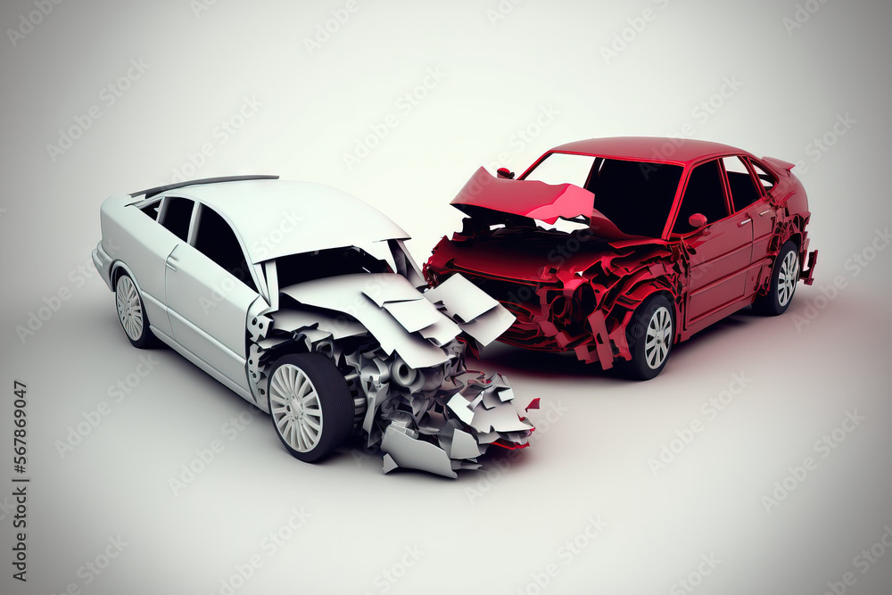 Car mishap. Typical automobile overturned. A crimson coupè and a silver ...
