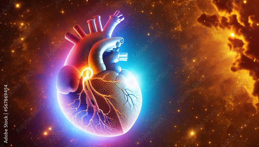 human heart in space with lighting, love sign glowing fantasy colored ...