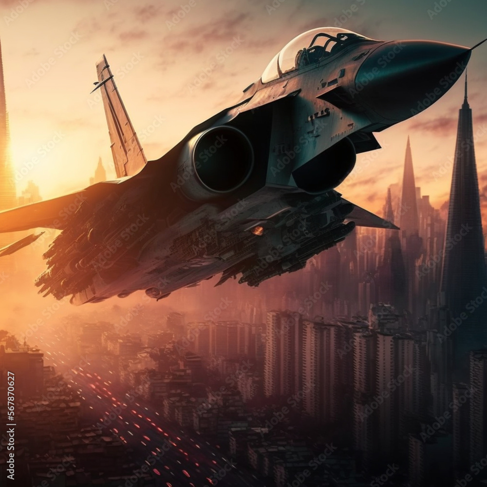 The plane is flying at low altitude in the city. Military conflict ...