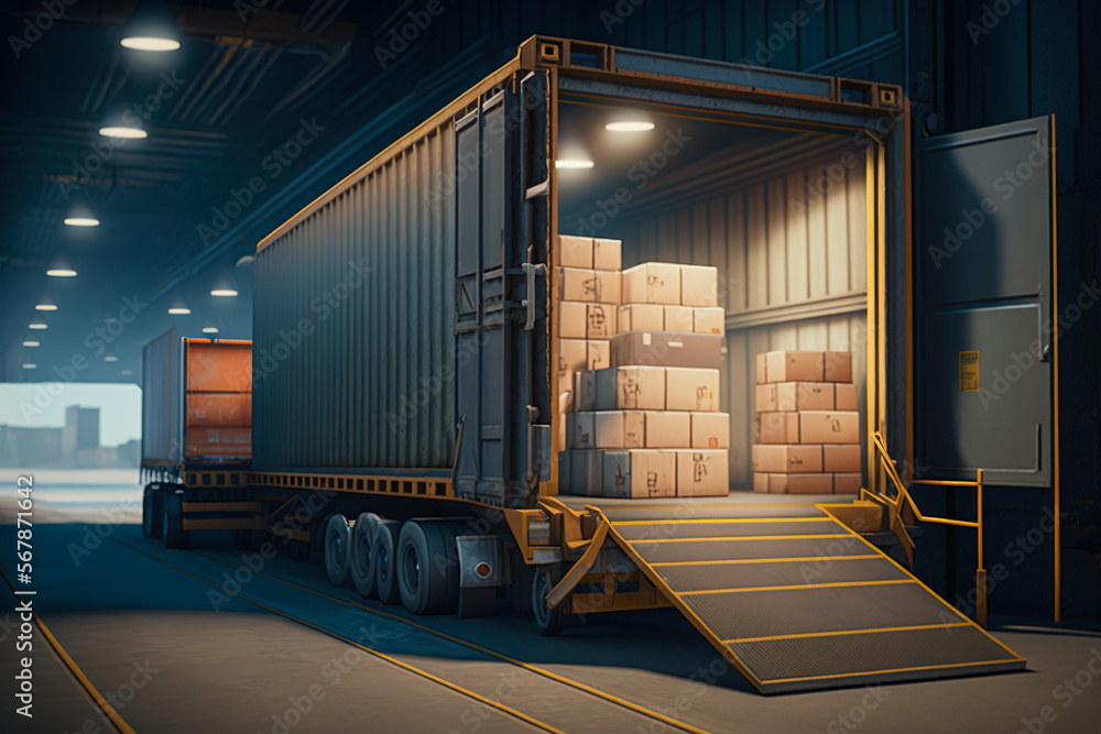 Loading packages and boxes on a truck cargo container with open back ...