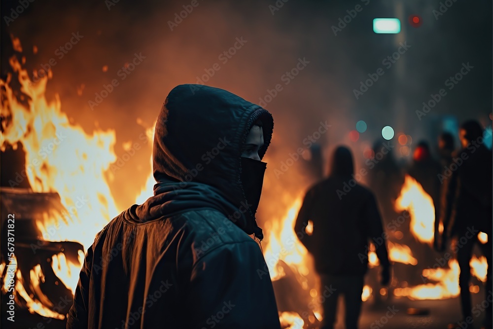 Created with Generative AI technology. Street riots and showdowns at ...