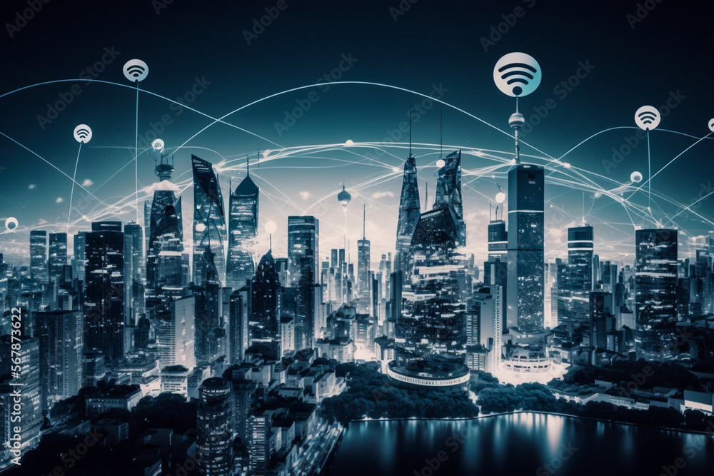 Telecommunication connections above smart city. Futuristic cityscape ...