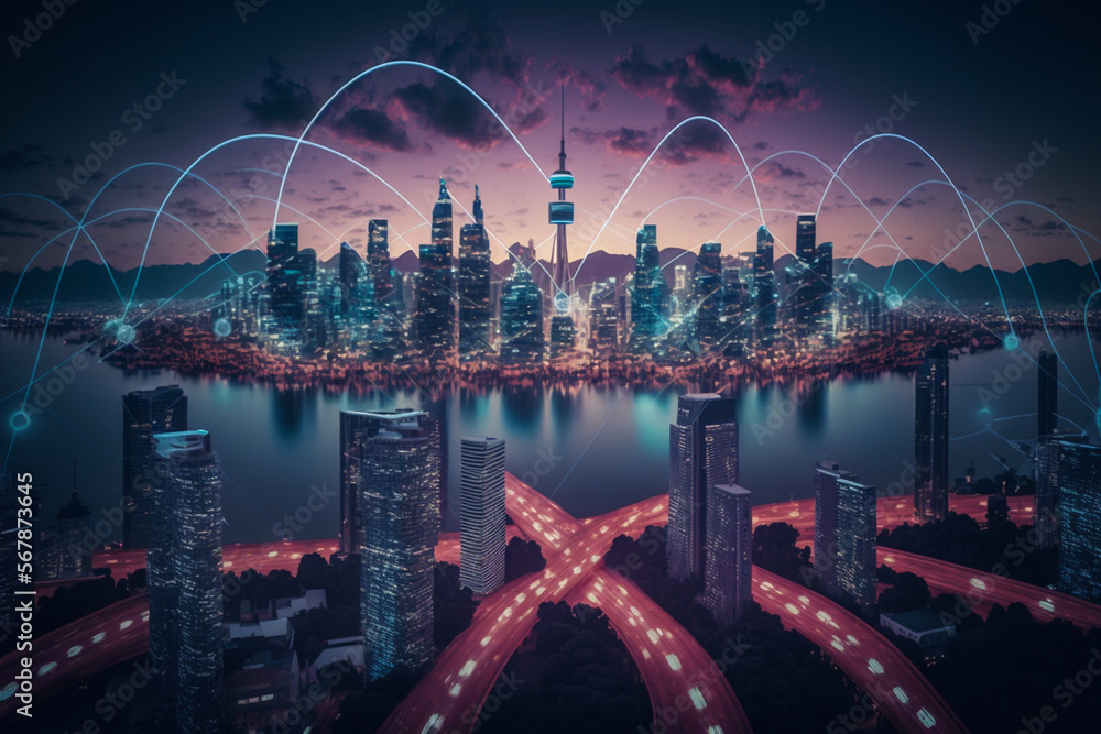 Telecommunication connections above smart city. Futuristic cityscape ...