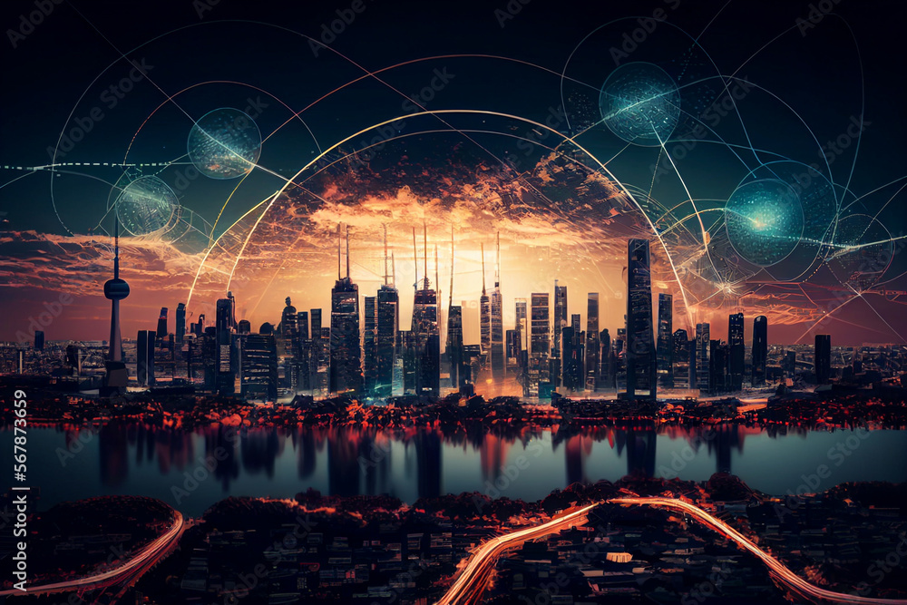 Telecommunication connections above smart city. Futuristic cityscape ...