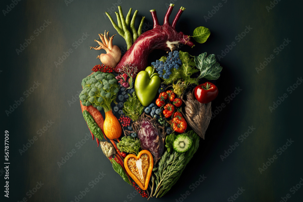 illustration of a human heart made with fruits and vegetables, concept ...