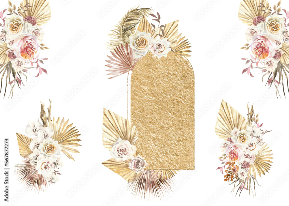 Watercolor boho gold dried flower arch frame, bouquets illustration set ...