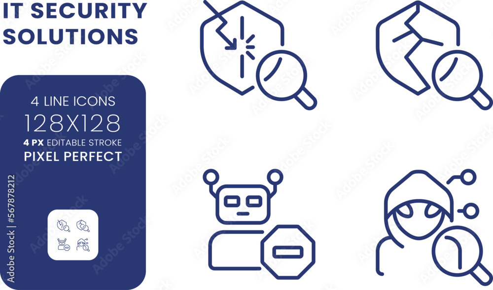 Cybersecurity solutions linear desktop icons set. Hacking prevention ...