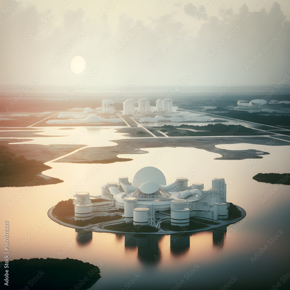 overview drone footage of japanese spaceport city by the lake designed ...