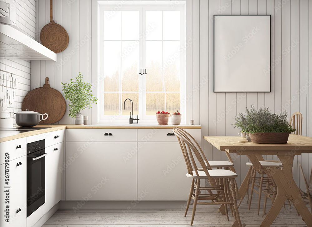 mock up frame with a background of a kitchen. Scandinavian architecture ...