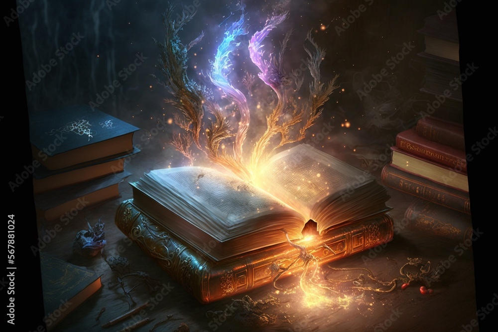 Poster, Foto 本 魔法 魔導書 ファンタジー 魔女 ゲーム 召喚, generative ai, GINGER_Tsukahara - Koop op EuroPosters.nl