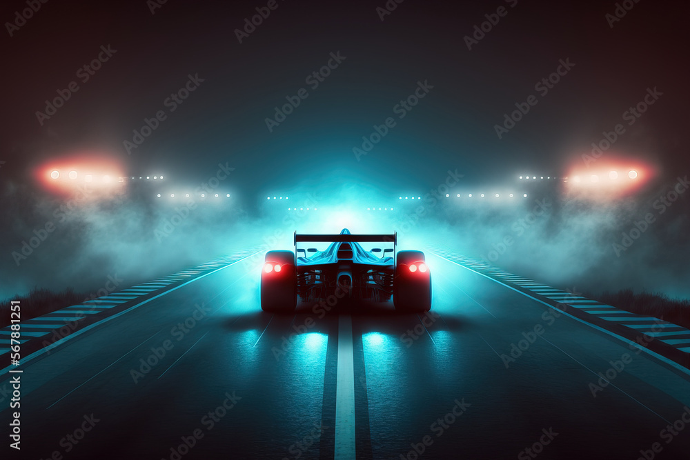 Racing finish line on asphalt with blue lamps illuminating the fog ...