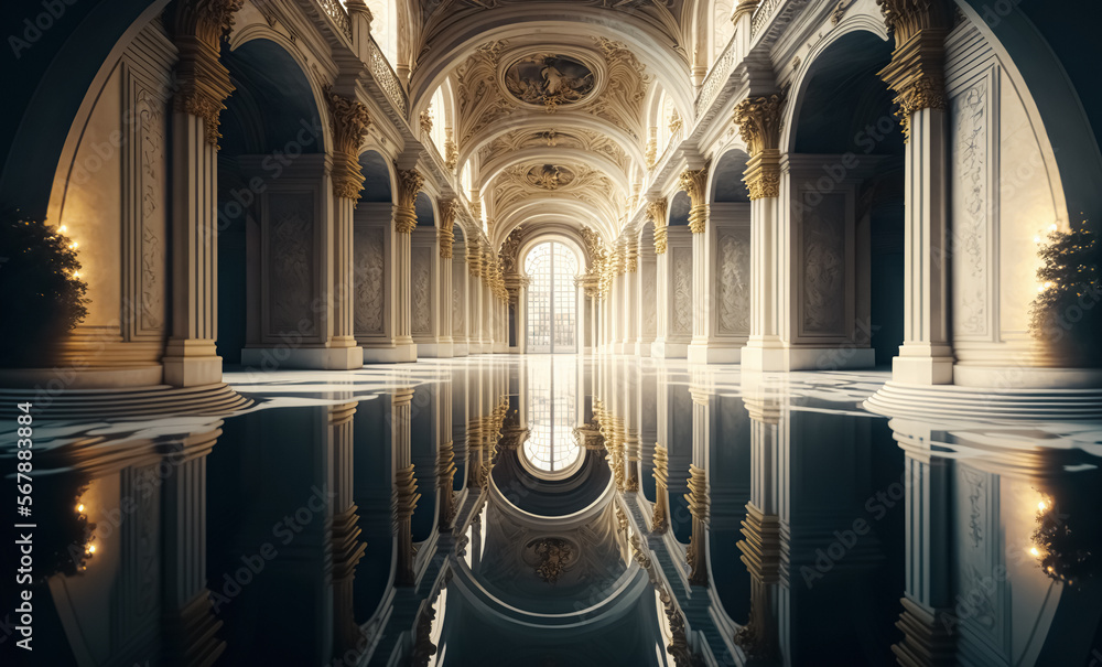 A realistic fantasy interior of the royal palace. golden palace. castle ...