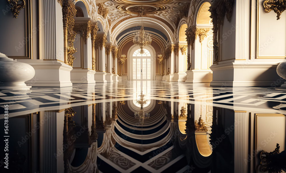 A realistic fantasy interior of the royal palace. golden palace. castle ...