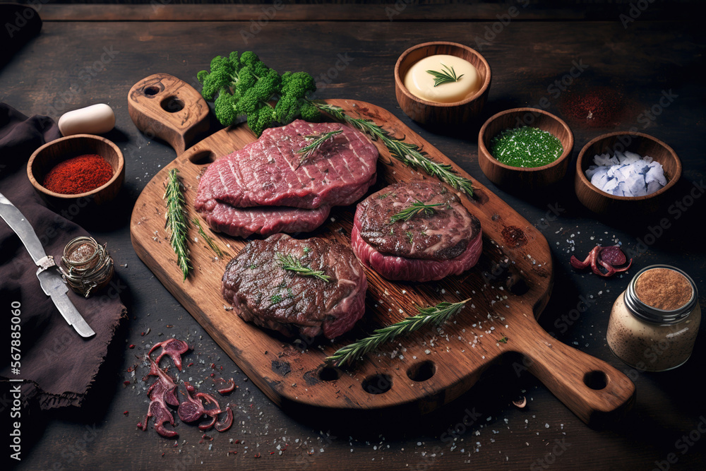 On a dark rustic board are a variety of raw meat cuts, dry aged beef ...