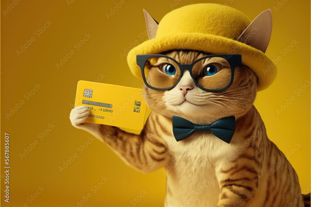 Cat with card. cat showing a blank credit card on yellow background ...