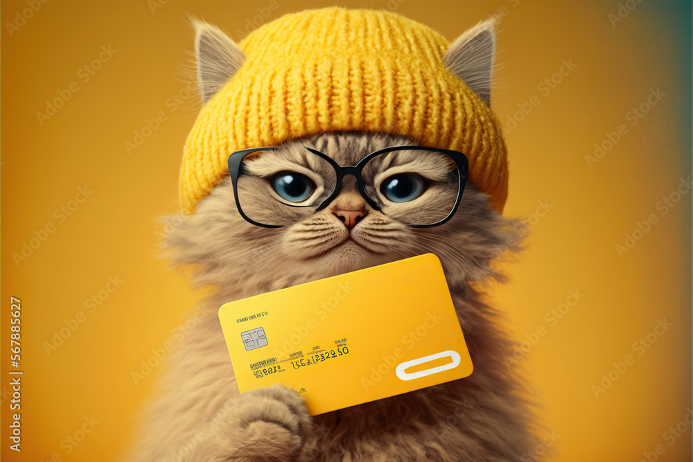 Cat with card. cat showing a blank credit card on yellow background ...
