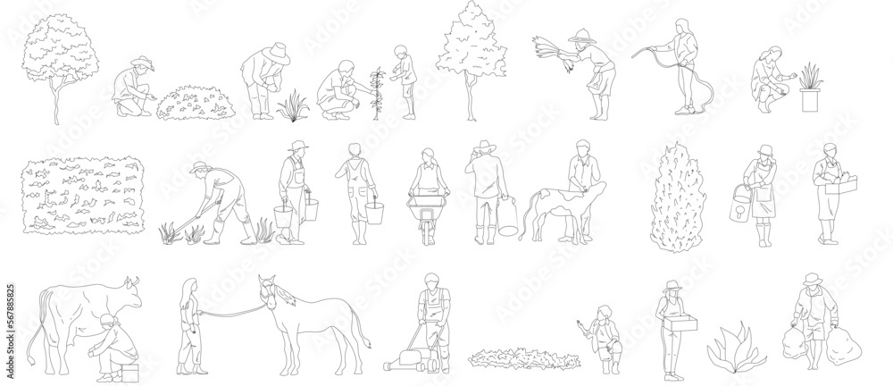 Elevated vector illustration of people with farming and field ...